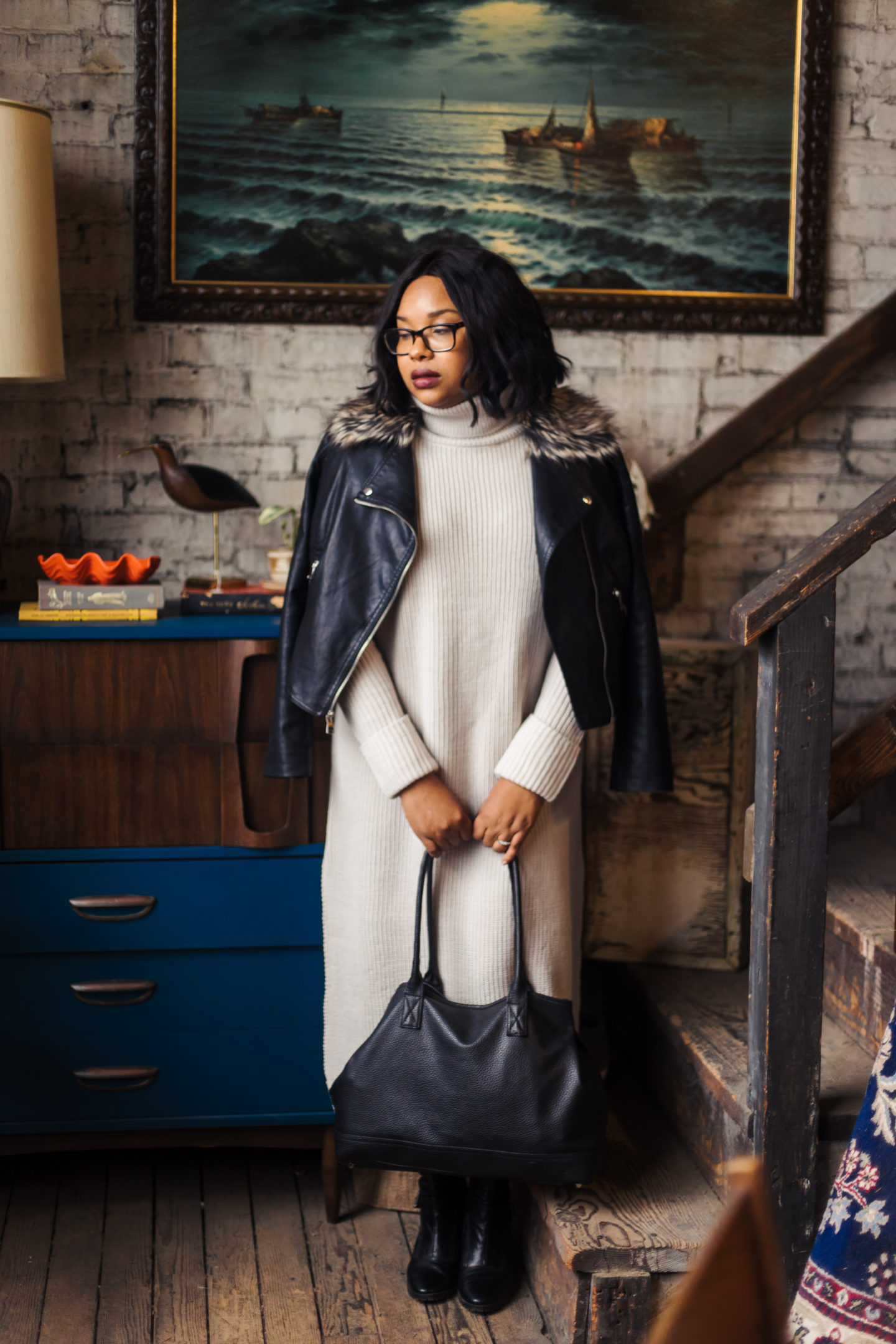 Leather Jacket and Sweater Dress